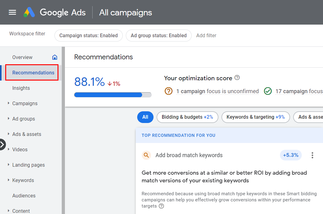 Google Ads recommendations in your account: what they are, which ones ...
